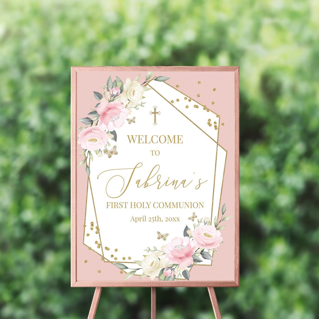 First Communion Welcome Sign Personalized | Pink Floral and Butterfly ...