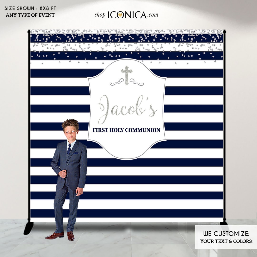 First Communion Photo Booth Backdrop,Blue and Silver Striped Backdrop ...