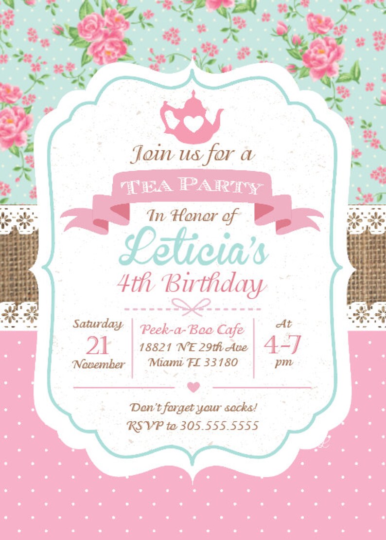 Shabby Chic Tea Party Birthday Party Invitation Burlap - Etsy