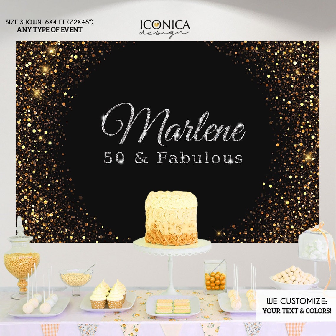 50th Birthday Backdrop, Personalized Photo Booth, Black and Gold ...