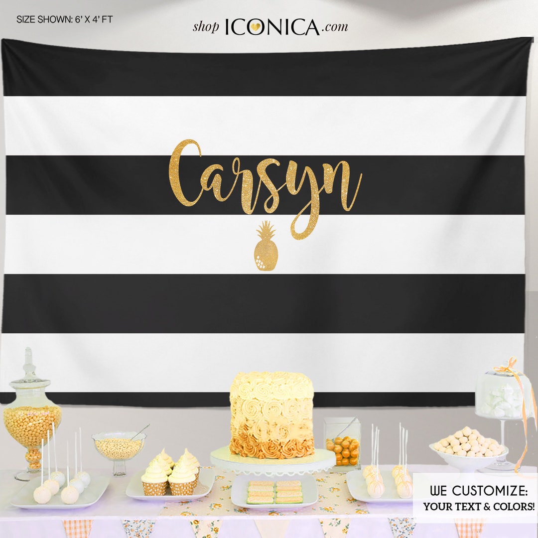 Pineapple Party Backdrop, Black and White Stripes Backdrop, Pineapple ...