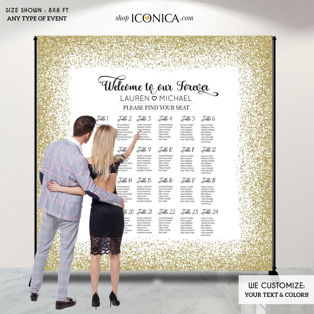 Wedding Seating Chart Backdrop, Black and Gold Sparkles Guest Chart ...