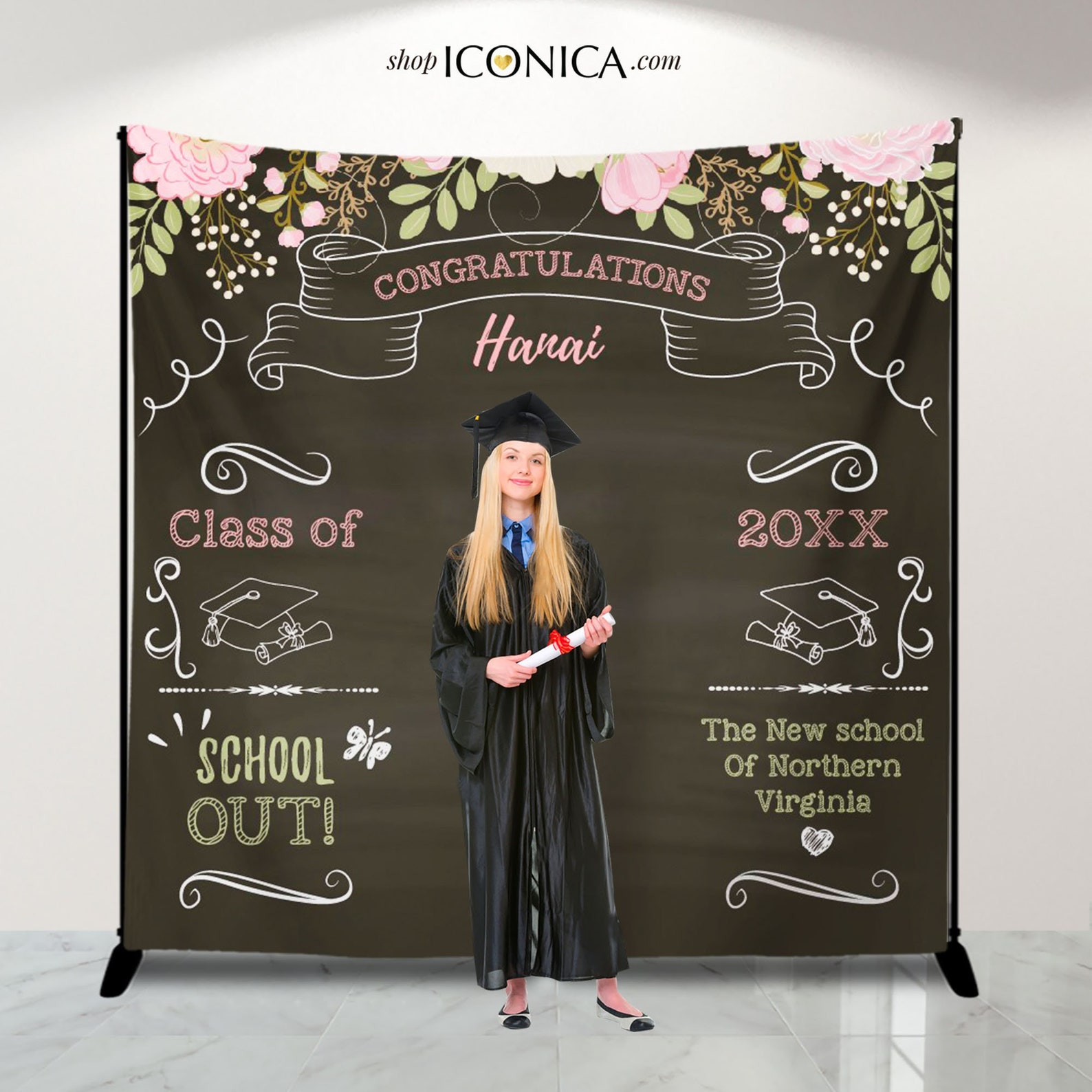 Floral Graduation Photo Booth Backdrop, Custom Step and Repeat (printed ...