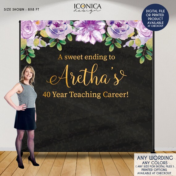Retirement Party Photo Booth Backdrop, Virtual Purple Floral Step and ...