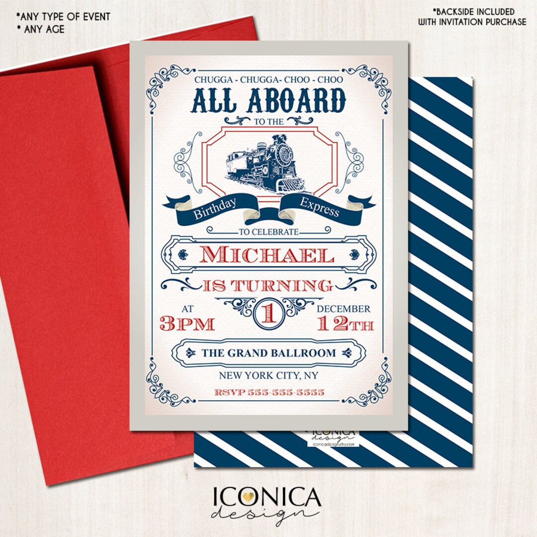 Train Birthday Invitation - Vintage Train Invitation Red and Blue Choo ...