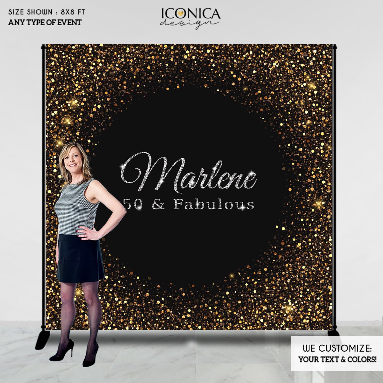 50th Birthday Backdrop, Personalized Photo Booth, Black and Gold ...