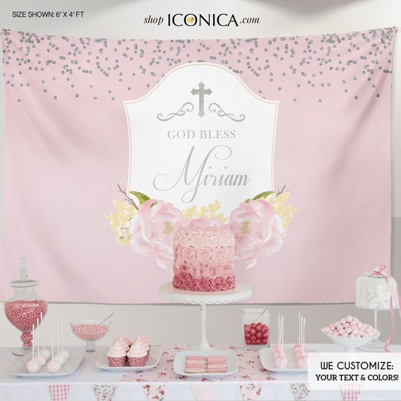 Girls First Communion Backdrop, Girls Baptism Banner, Pink Floral ...