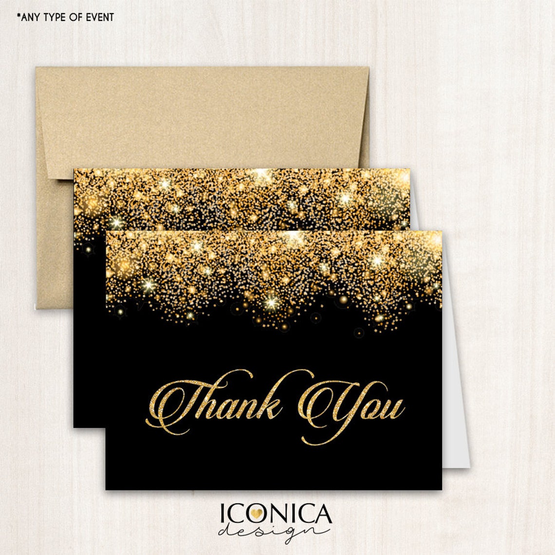 Black and Gold Sparkling Thank You Cardsset of 10 A2 Folded - Etsy
