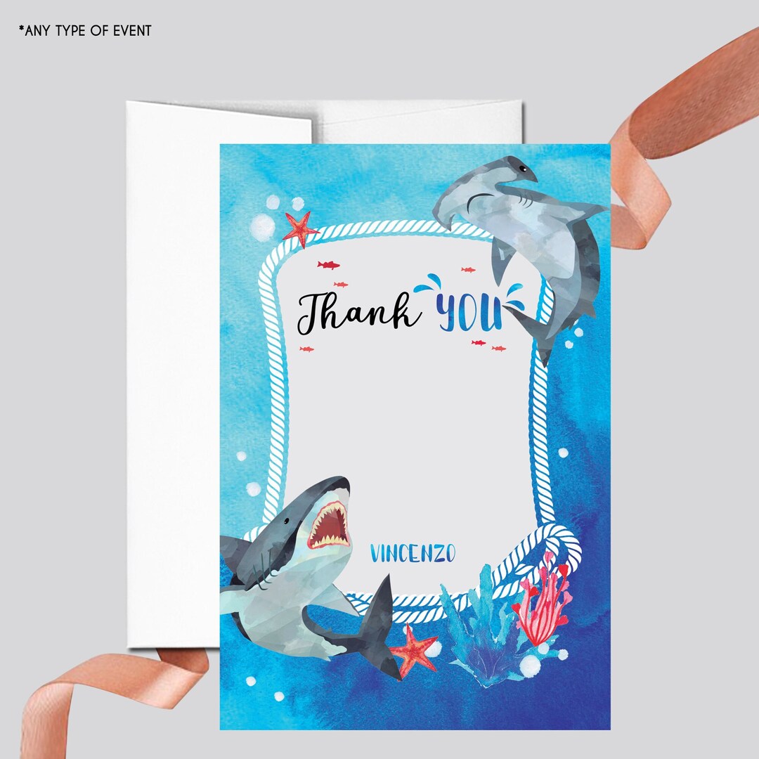 Shark Birthday Thank You Card Personalized | Shark Birthday Stationery ...