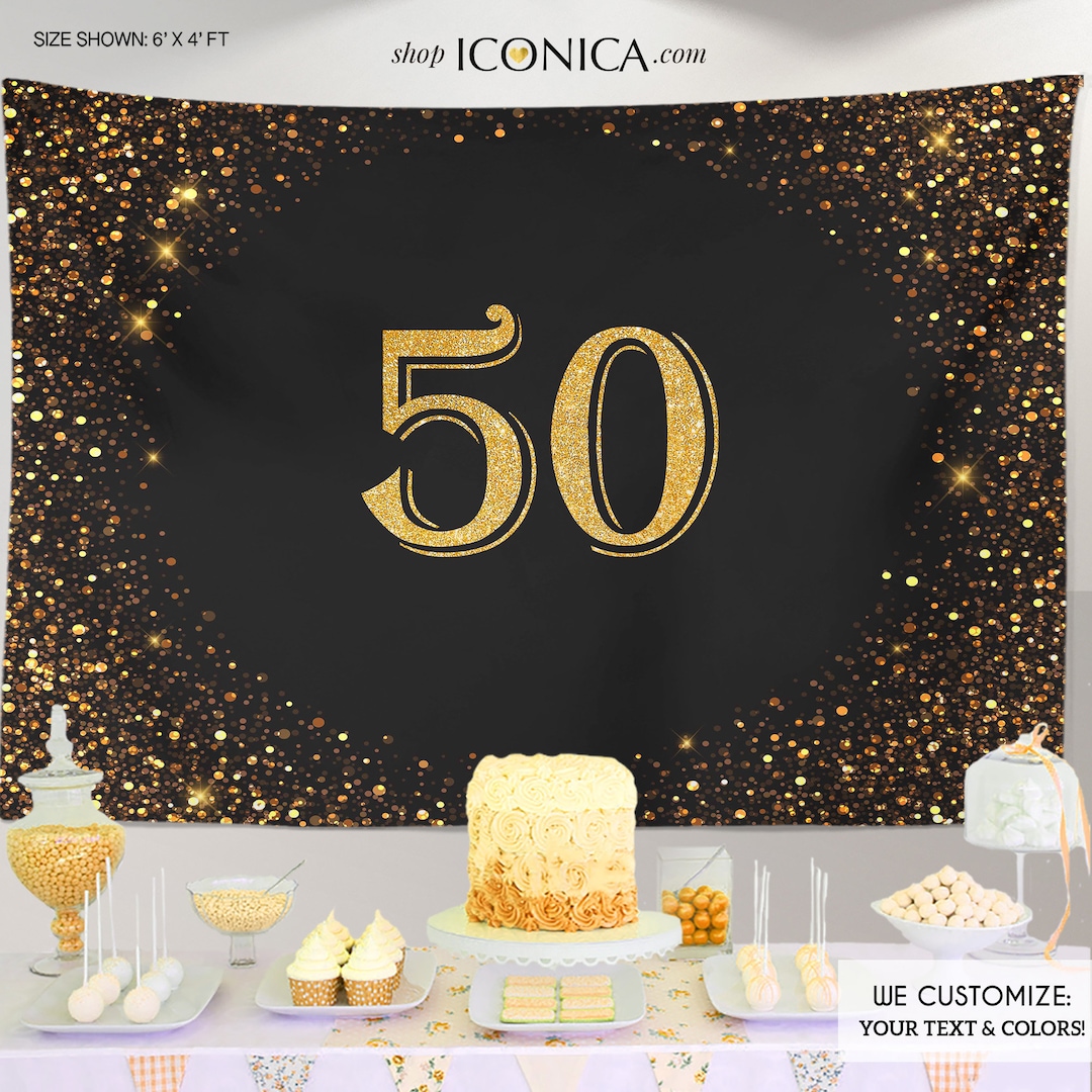50th Birthday Backdrop, Gold Glitter, Black Decor (printed or Printable ...