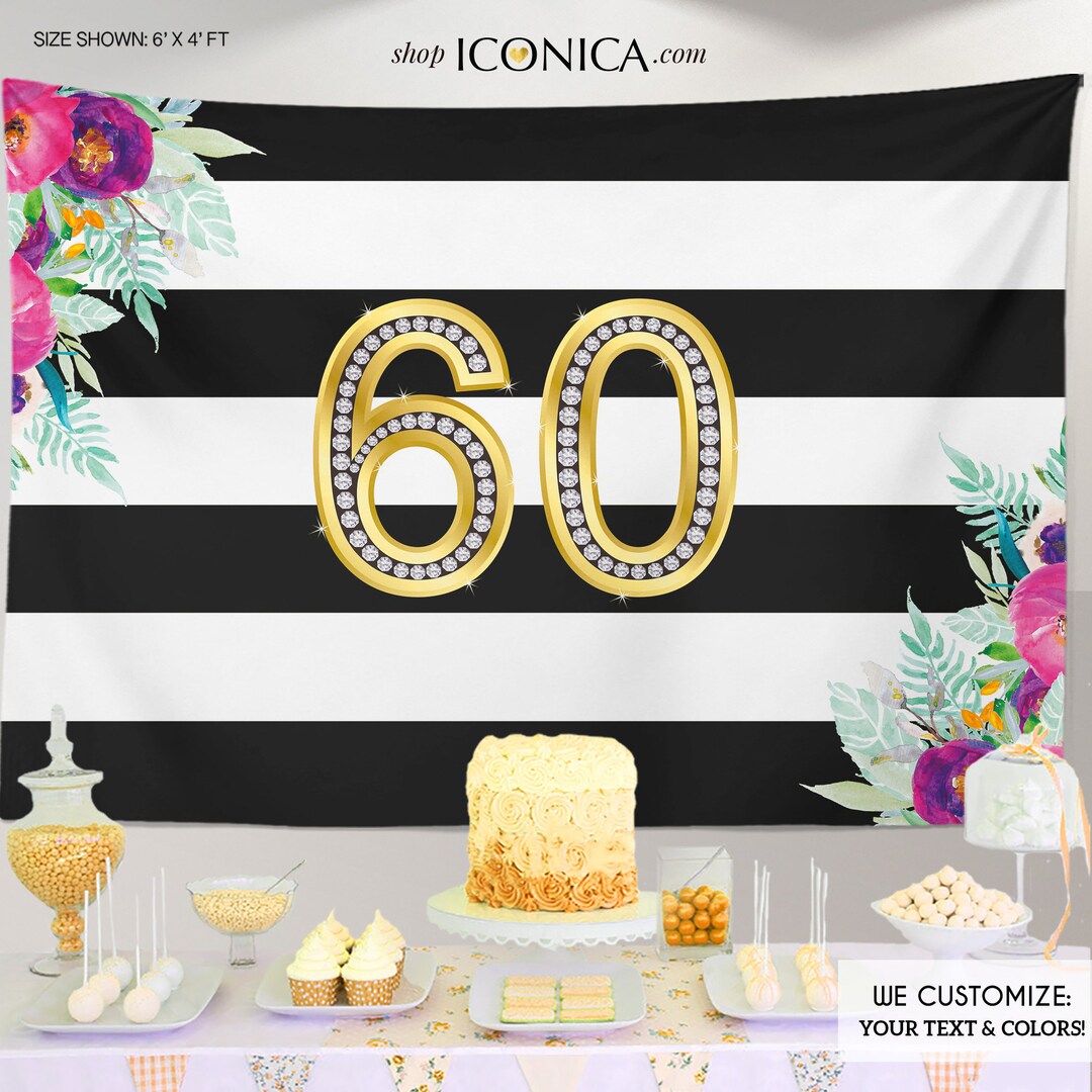 Floral 60th Birthday Backdrop Milestone Backdrop, Floral Striped Banner ...