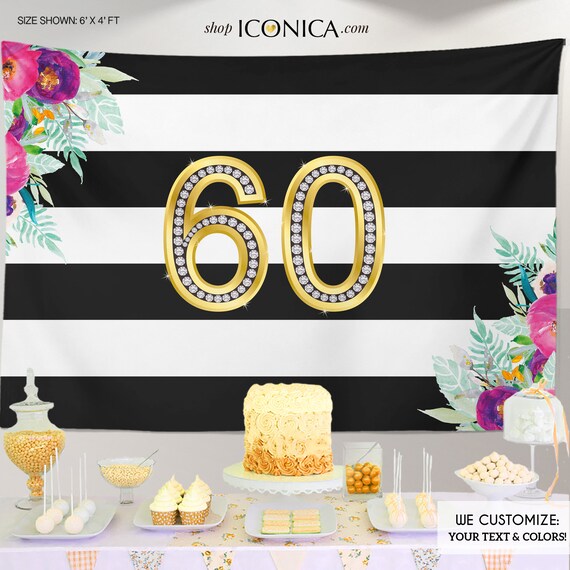 Floral 60th Birthday Backdrop Milestone Backdrop, Floral Striped Banner ...