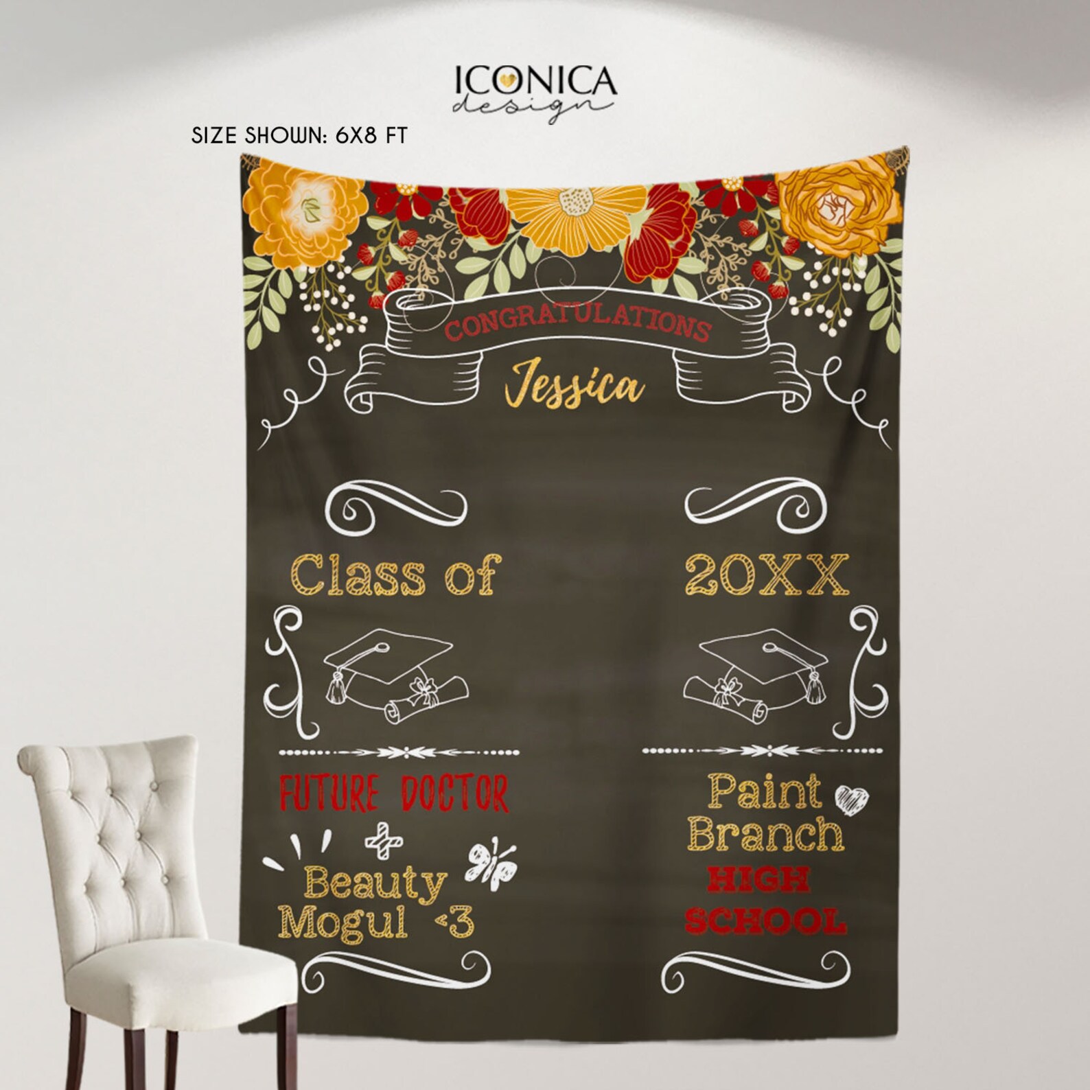 Floral Graduation Photo Booth Backdrop, Personalized Step and Repeat ...