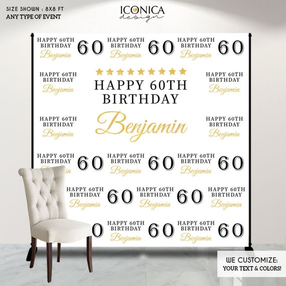 60th birthday backdrop personalized black and gold, Custom Backdrops ...