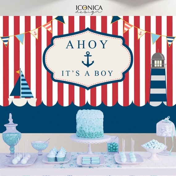 Nautical Baby Shower Backdrop 80"x50" Ahoy It's A Boy - Sailor Summer ...