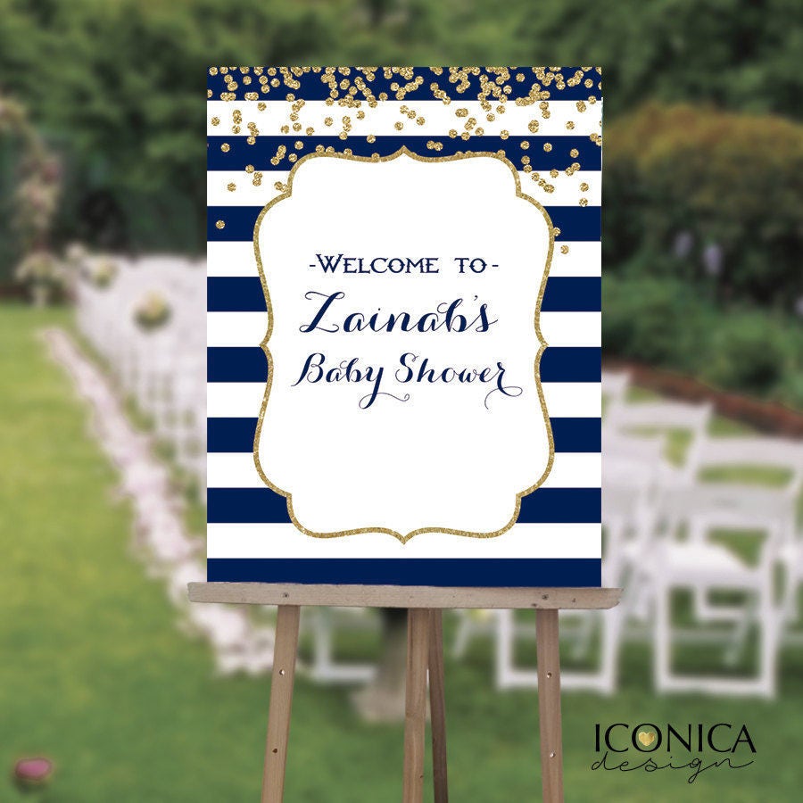Baby Shower Welcome Sign Gold And Blue Striped Party Sign | Etsy
