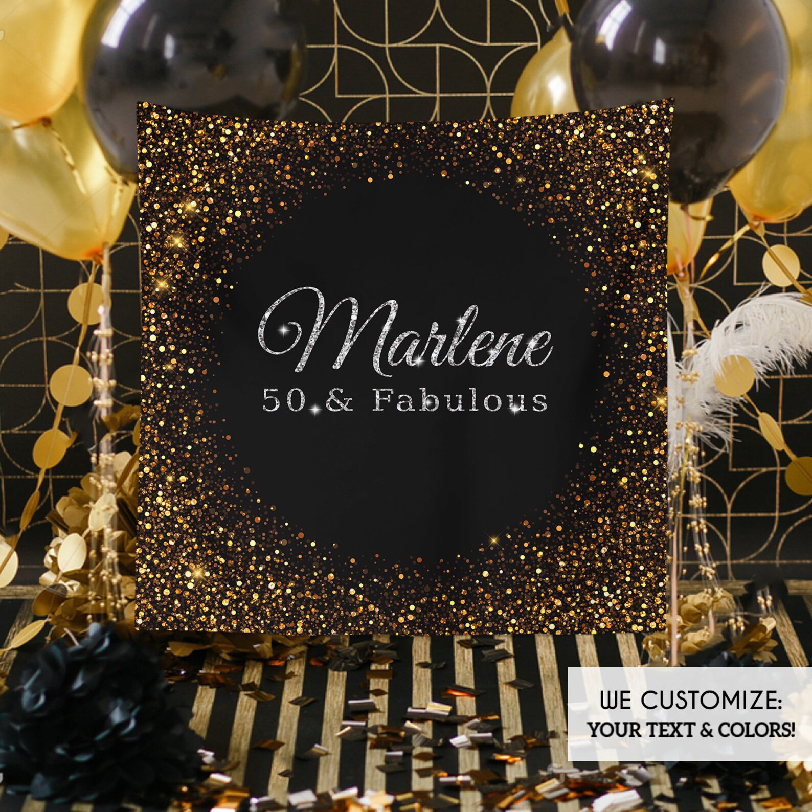 50th Birthday Backdrop, Personalized Photo Booth, Black and Gold ...