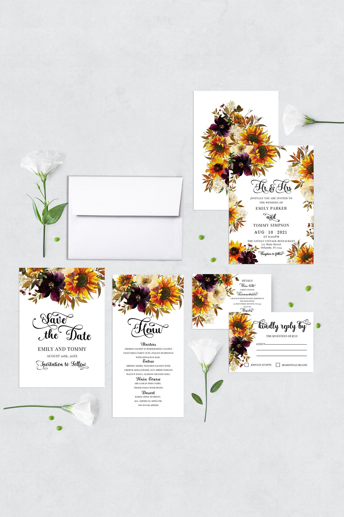 Sunflower Menu Card 9.25 X 4 Printed Menus, Rustic Wedding Menu Card ...