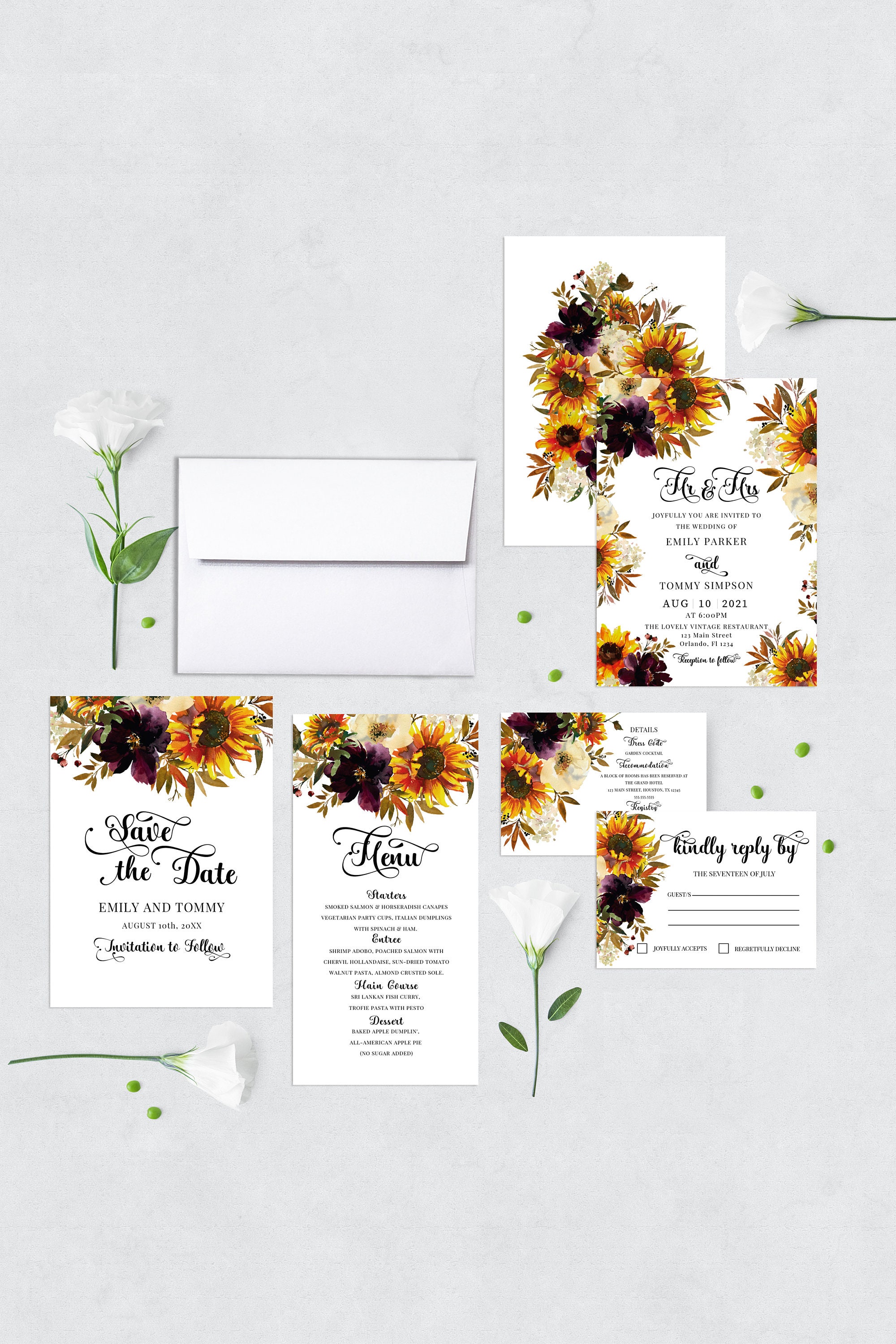 Sunflower Menu Card 9.25 X 4 Printed Menus Rustic Wedding | Etsy