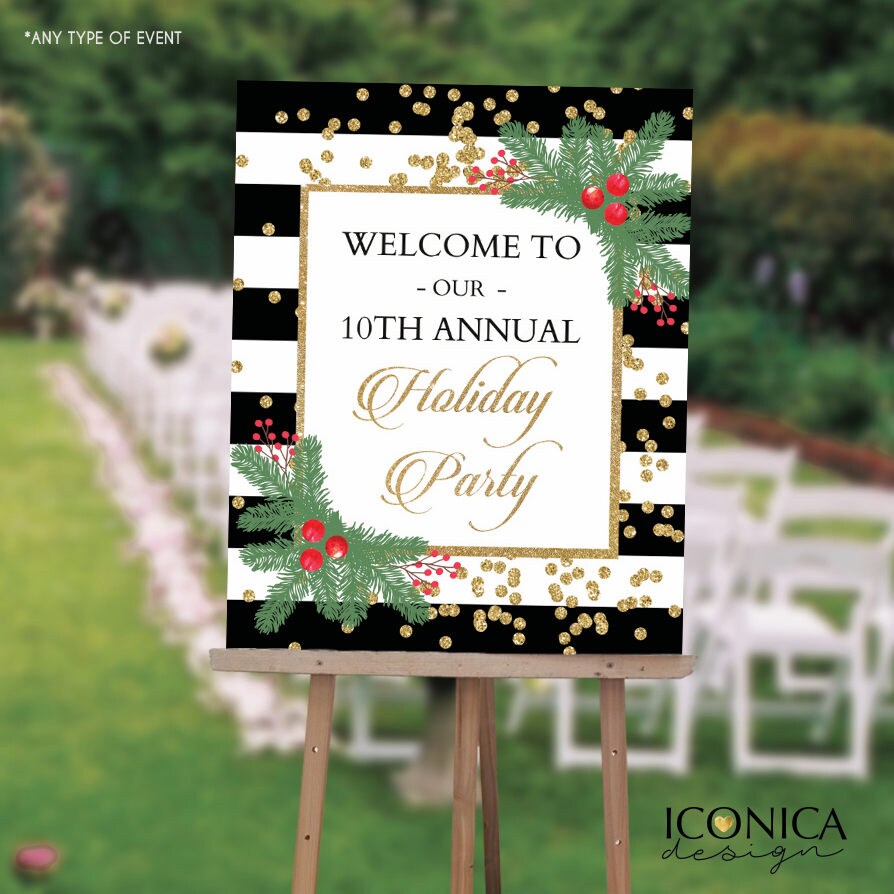 Custom Holiday Party Welcome Sign, Black and White Stripes, Printed or ...