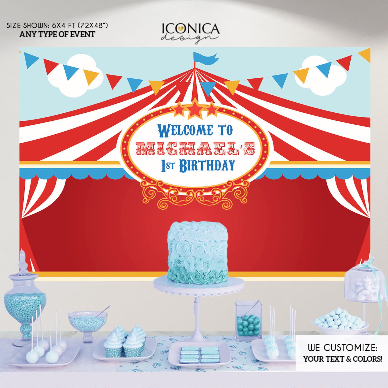 Circus Party Backdrop, First Birthday Carnival Party Backdrop, Carousel ...