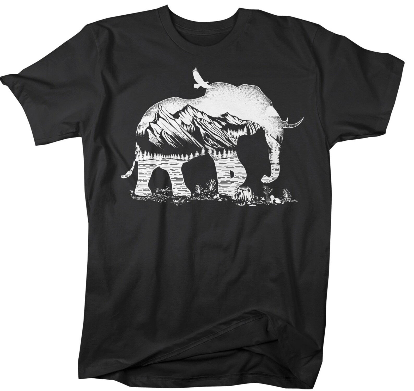 Men's Hipster T Shirt Elephant Shirts Camping Tshirt Double Exposure ...