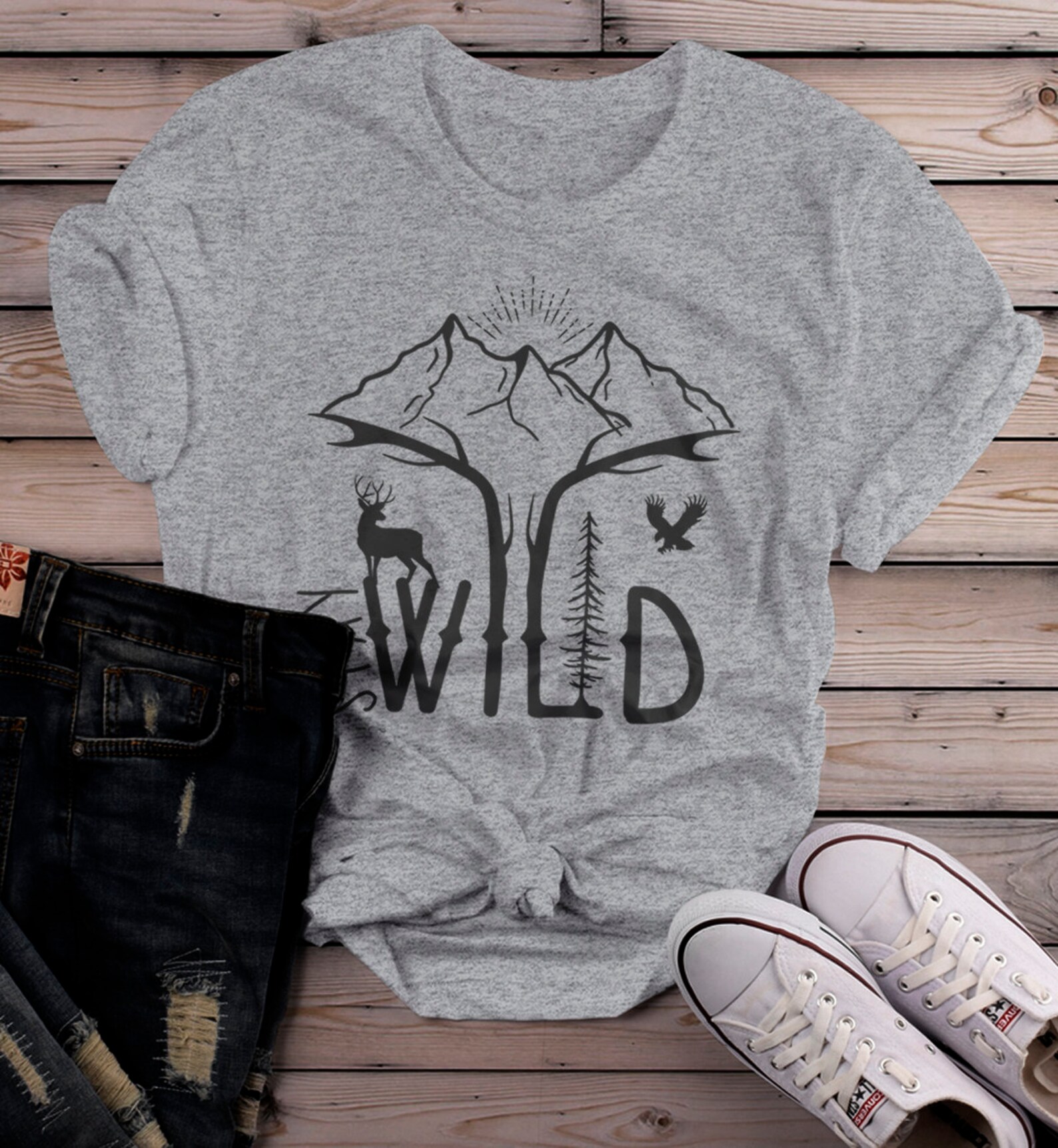 Women's Hipster Stay Wild Shirt Mountains T-shirt Explore Antlers ...