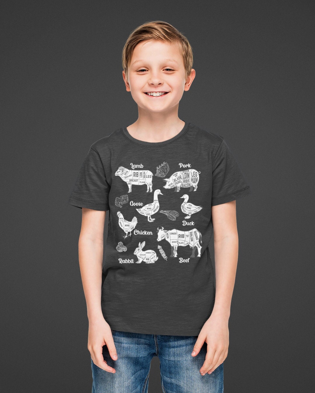 Kids Butcher Shirt 7 Cuts of Meat Anatomy T Shirt Illustrated Cow ...