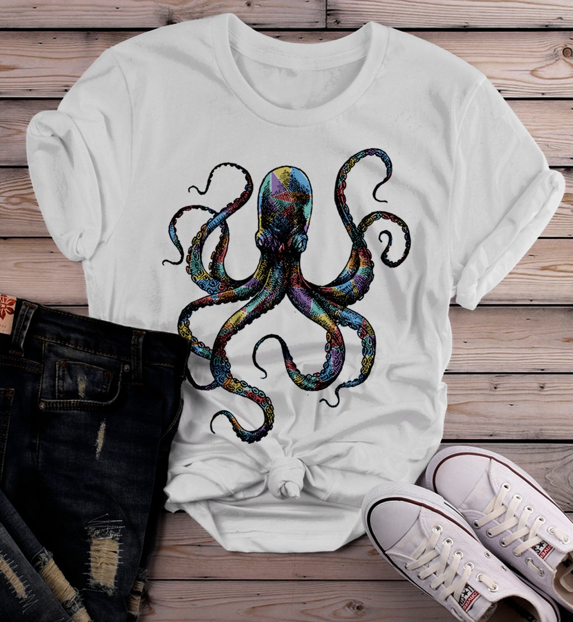 Womens Octopus T Shirt Hand Drawn Vintage Hipster Shirts Etsy