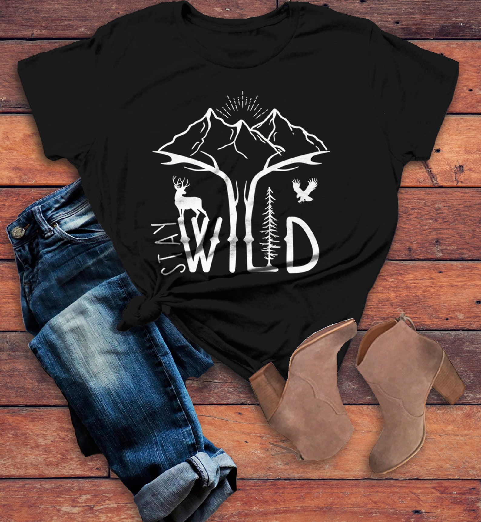 Women's Hipster Stay Wild Shirt Mountains T-shirt Explore Antlers ...