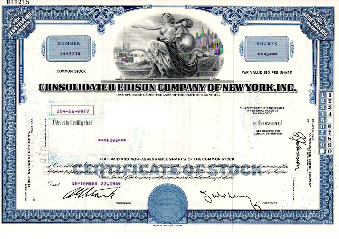 Vintage Con Edison NY Stock Certificate Blue - Etsy