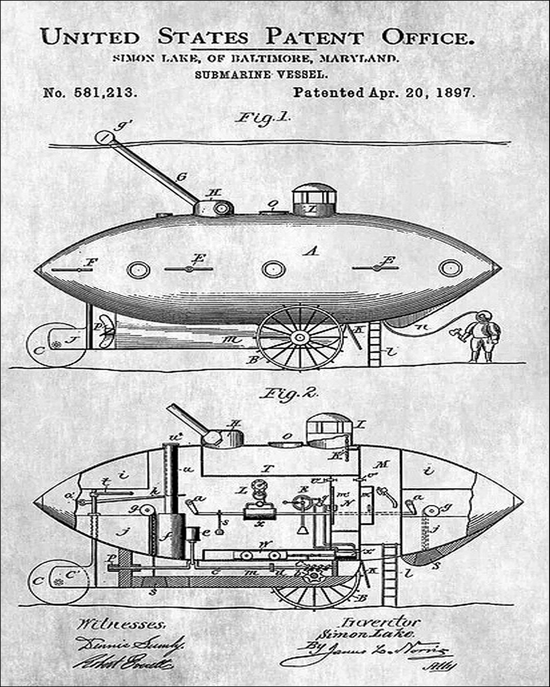 Vintage 1897 Submarine Patent Print 8 X 10 - Etsy
