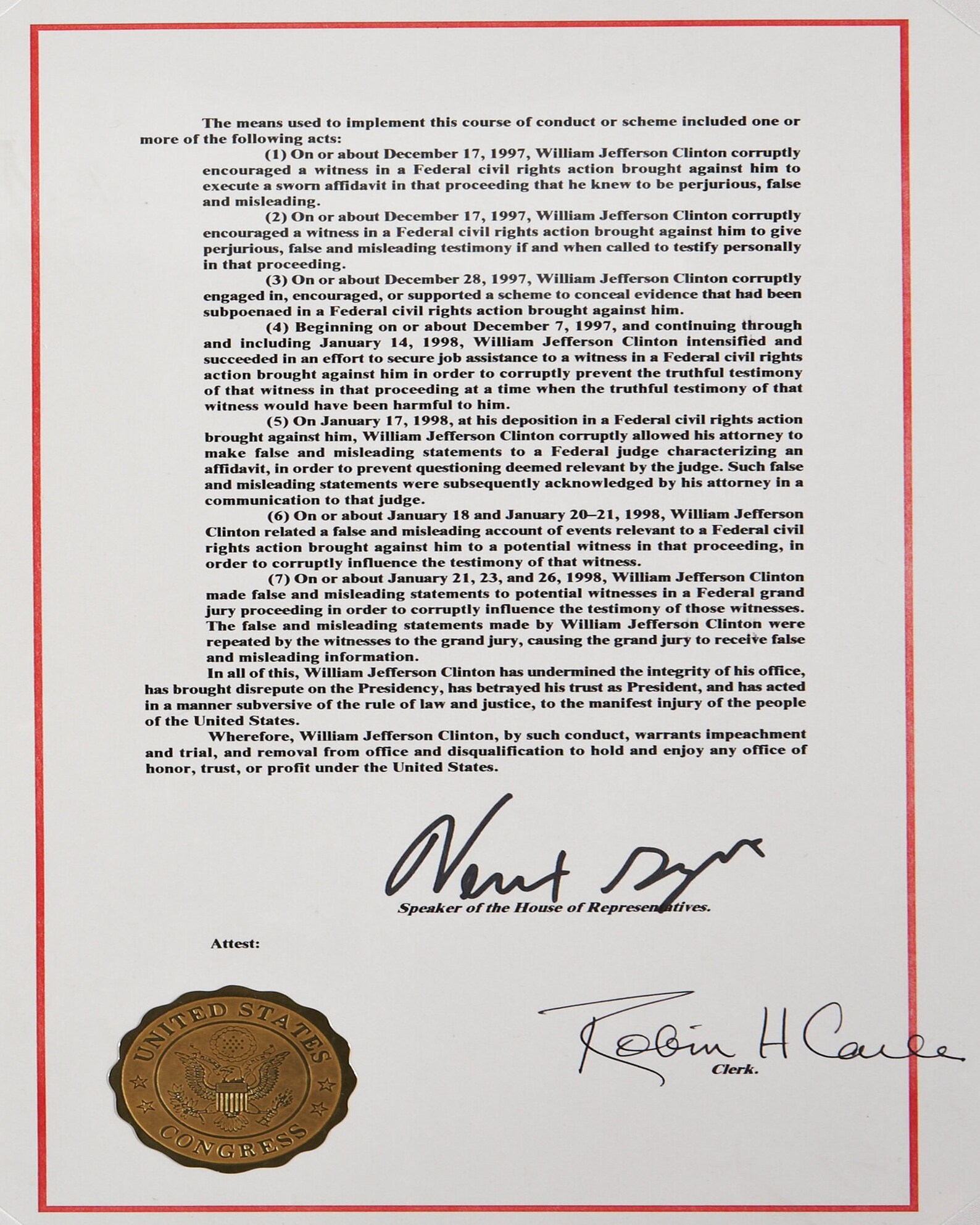 Clinton Impeachment Letter - Etsy