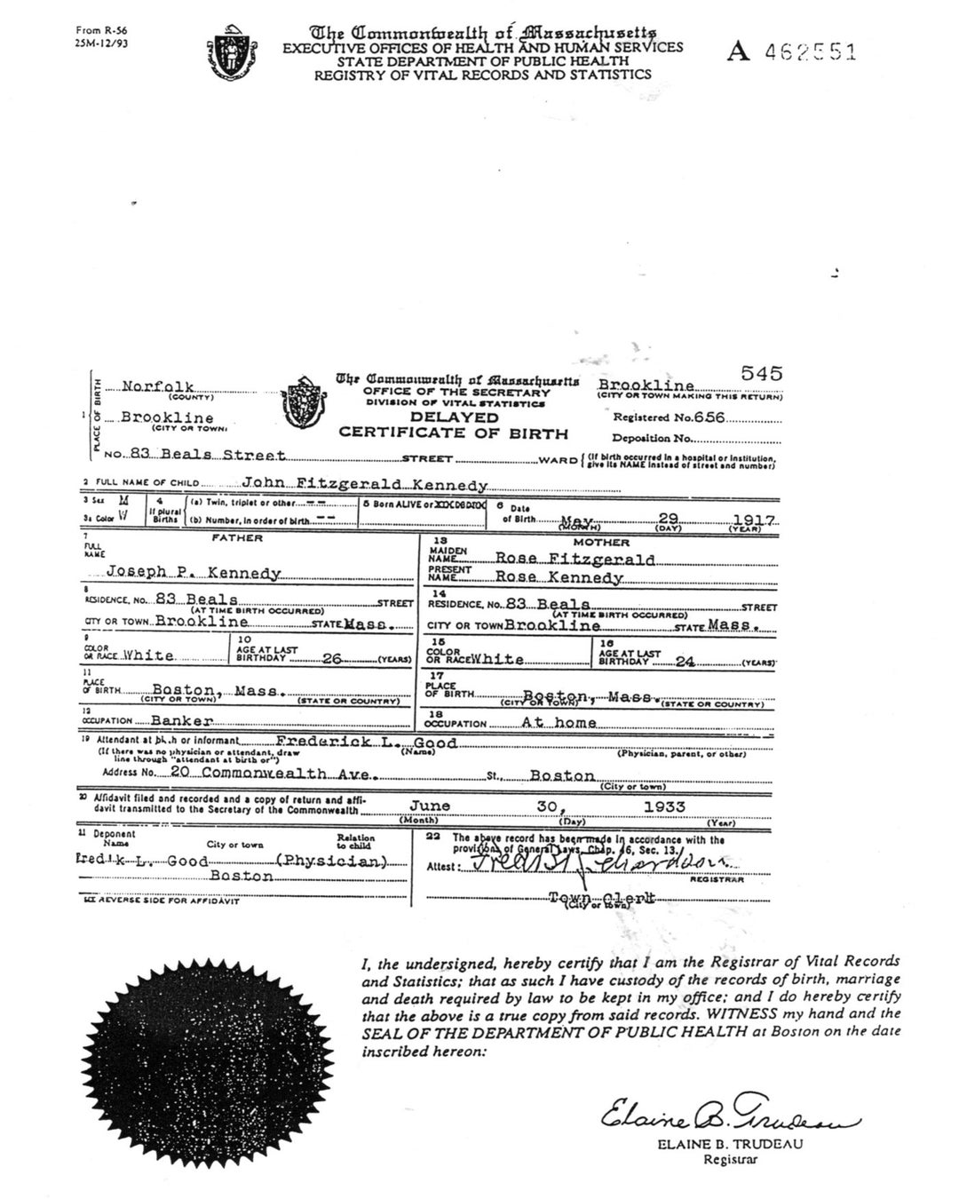 JFK Birth Certificate Reproduction Print 8 X 10 - Etsy