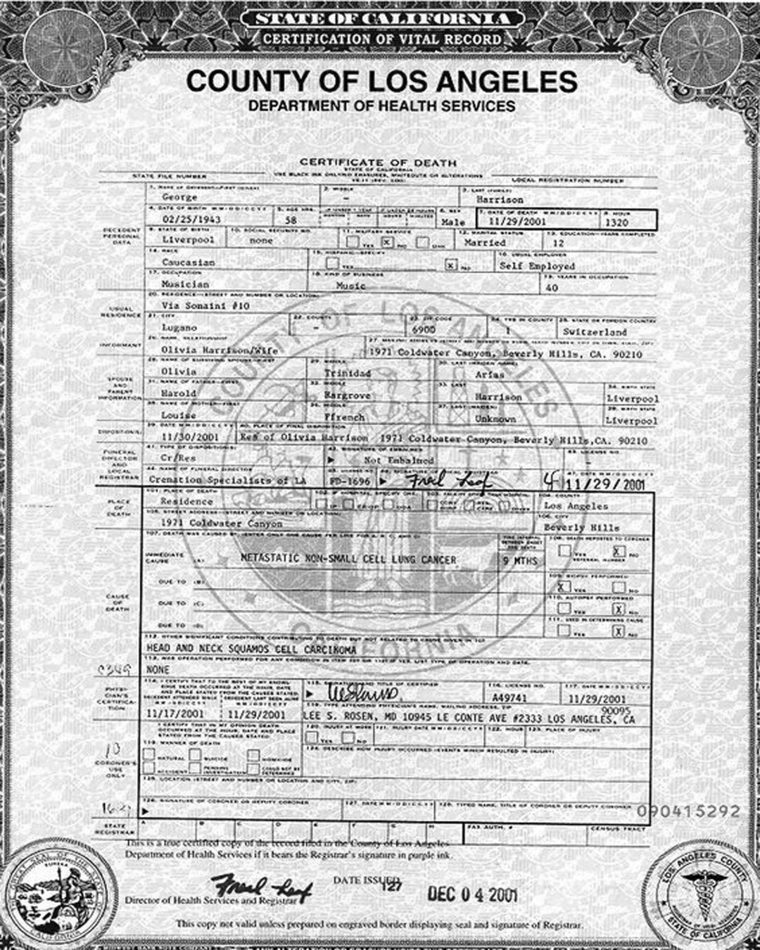 George Harrison Death Certificate Reproduction - Etsy Australia