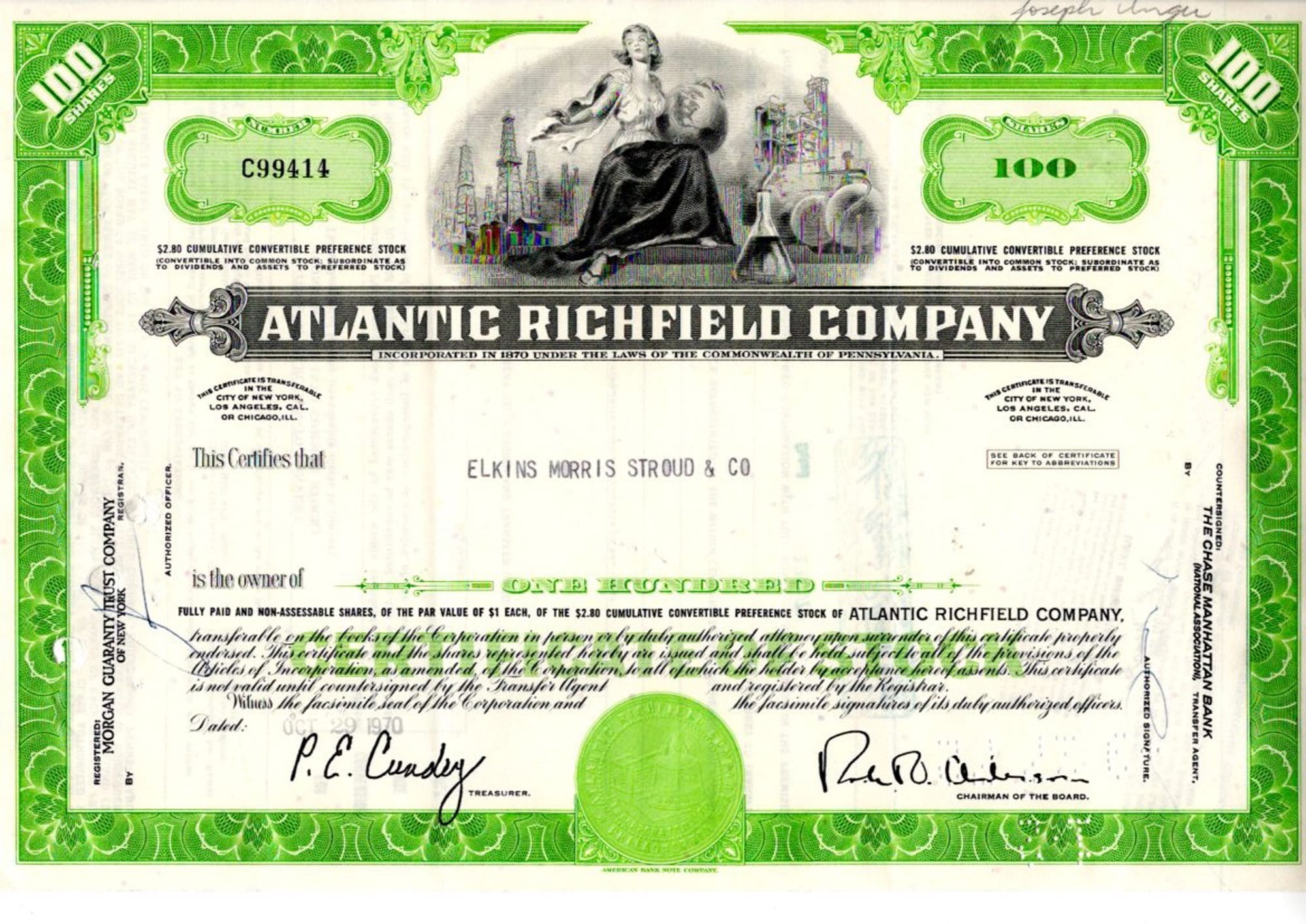 Vintage Atlantic-richfield Company Stock Certificate Green - Etsy