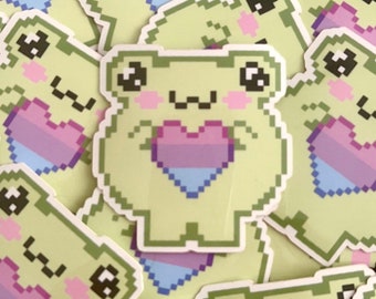 Cute Pixel Frog With Pansexual Pride Heart Sticker | 5x5cm | Vinyl ...