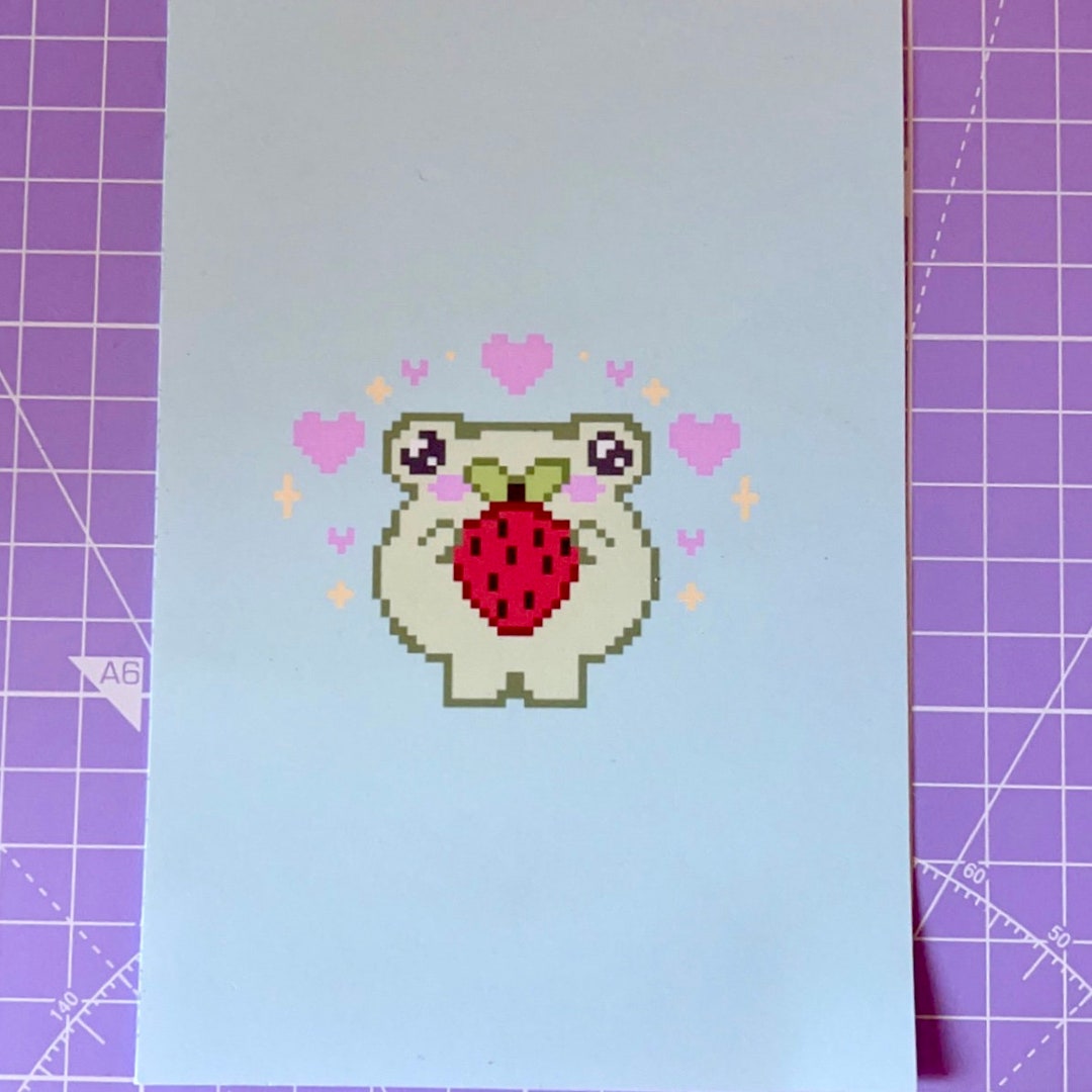 Pixel Art Froggy With Strawberry Print | 4x6 | A6 | Pixel Art | Froggy ...