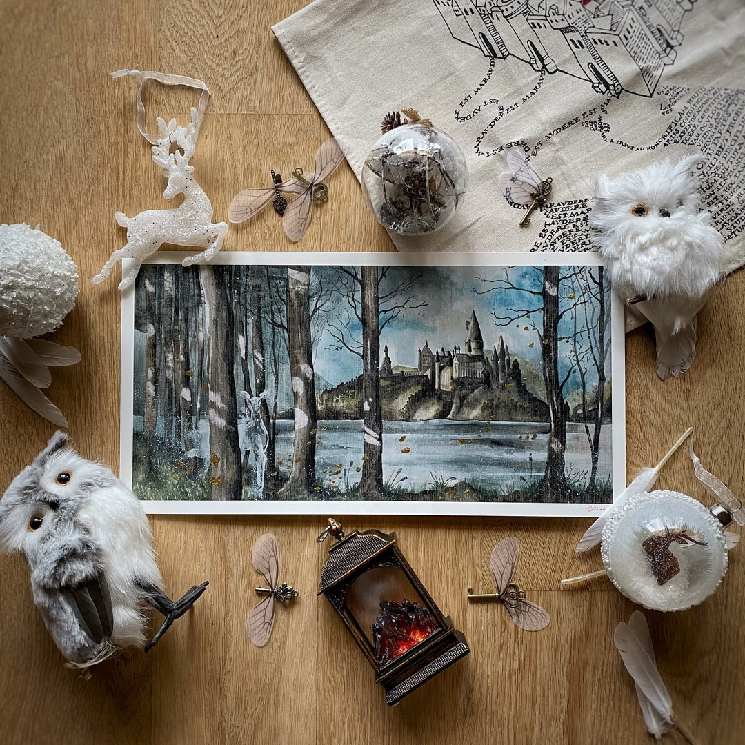 Wizard Magic World Original Print - Magic School Castle and Spirit in ...