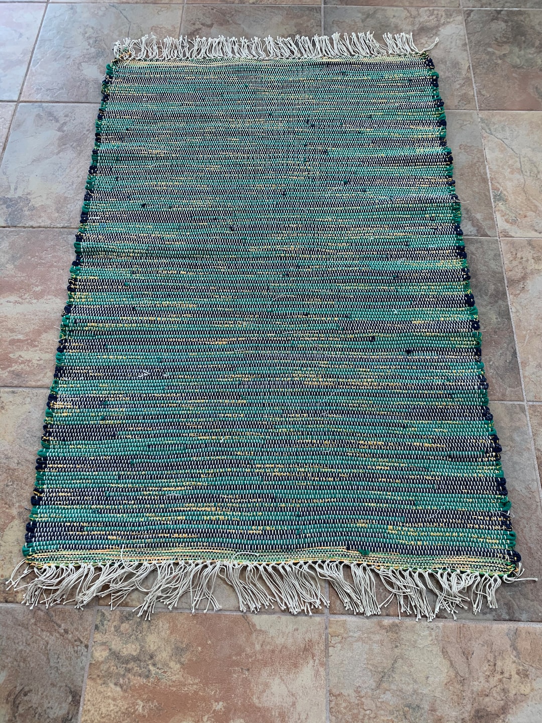 Navy, Green and Yellow Rug, 40 1/2 L X 26 W, Hand Woven From Recycled ...