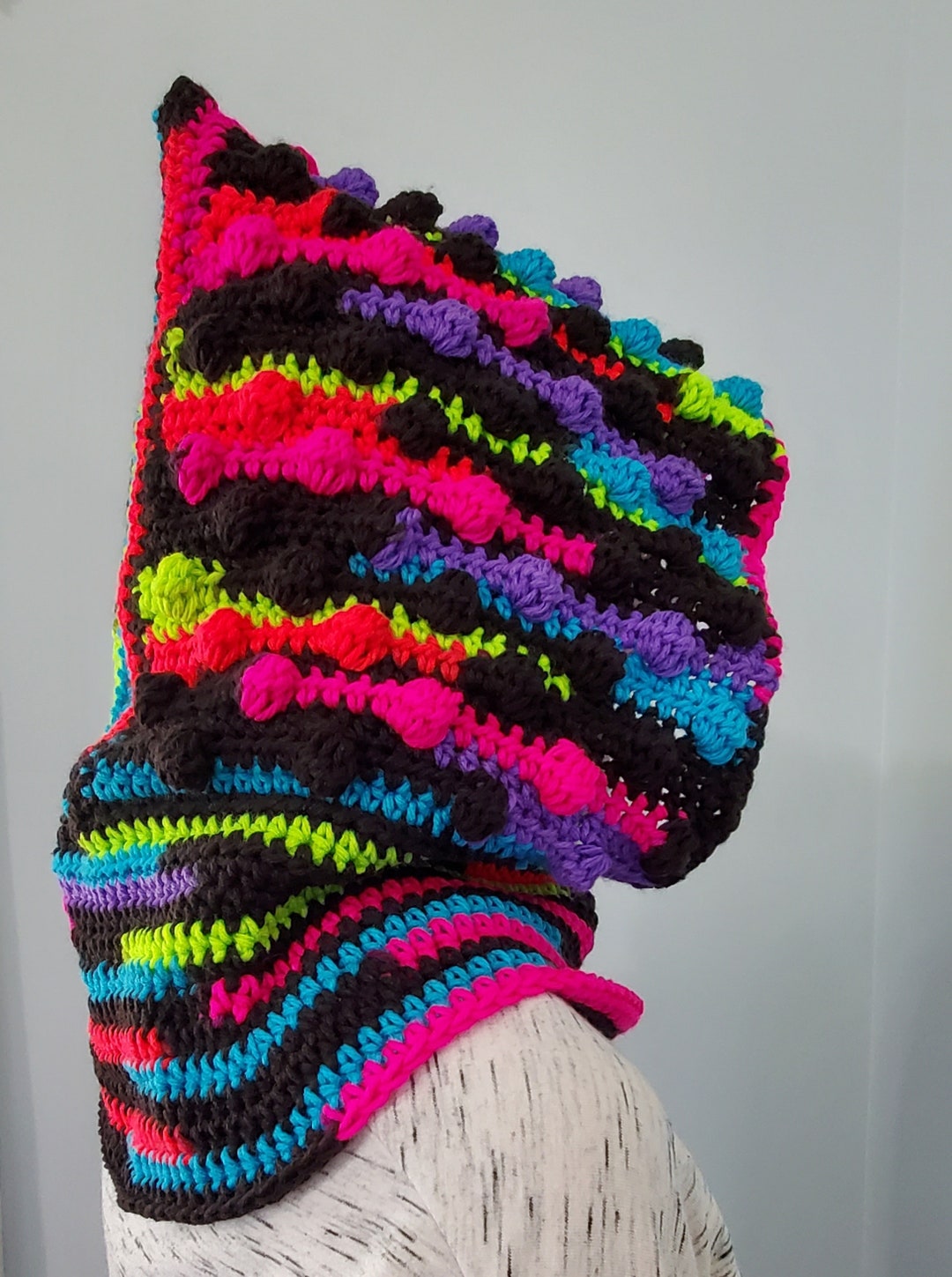 Neon and Black Crochet Hooded Cowl, Hooded Neck Warmer, Crocheted ...