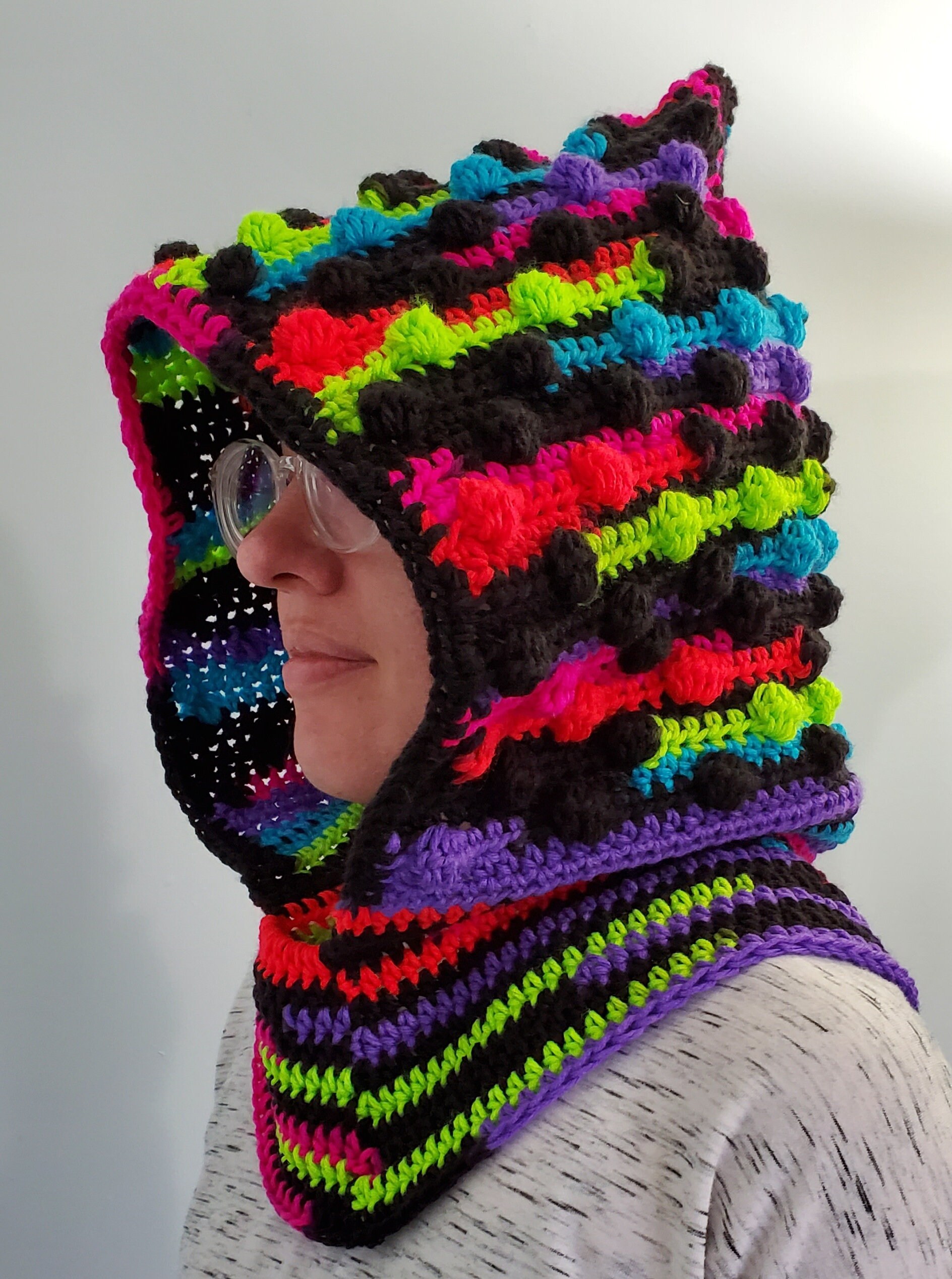 Neon and Black Crochet Hooded Cowl, Hooded Neck Warmer, Crocheted ...