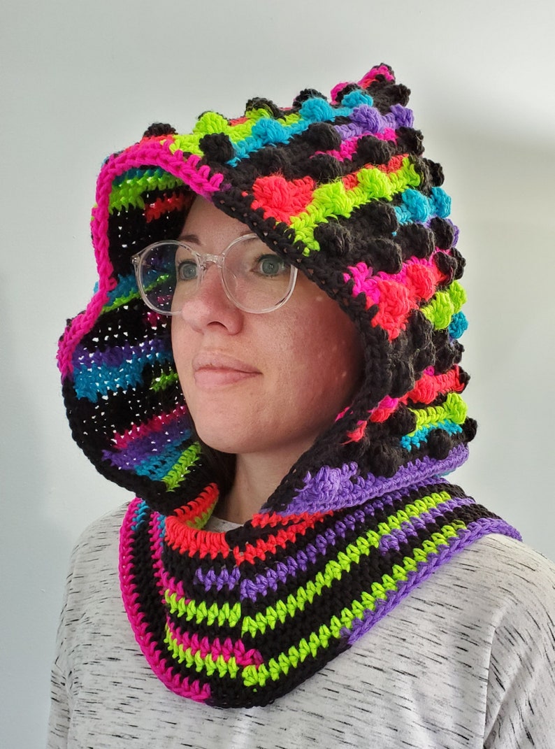 Neon and Black Crochet Hooded Cowl, Hooded Neck Warmer, Crocheted ...