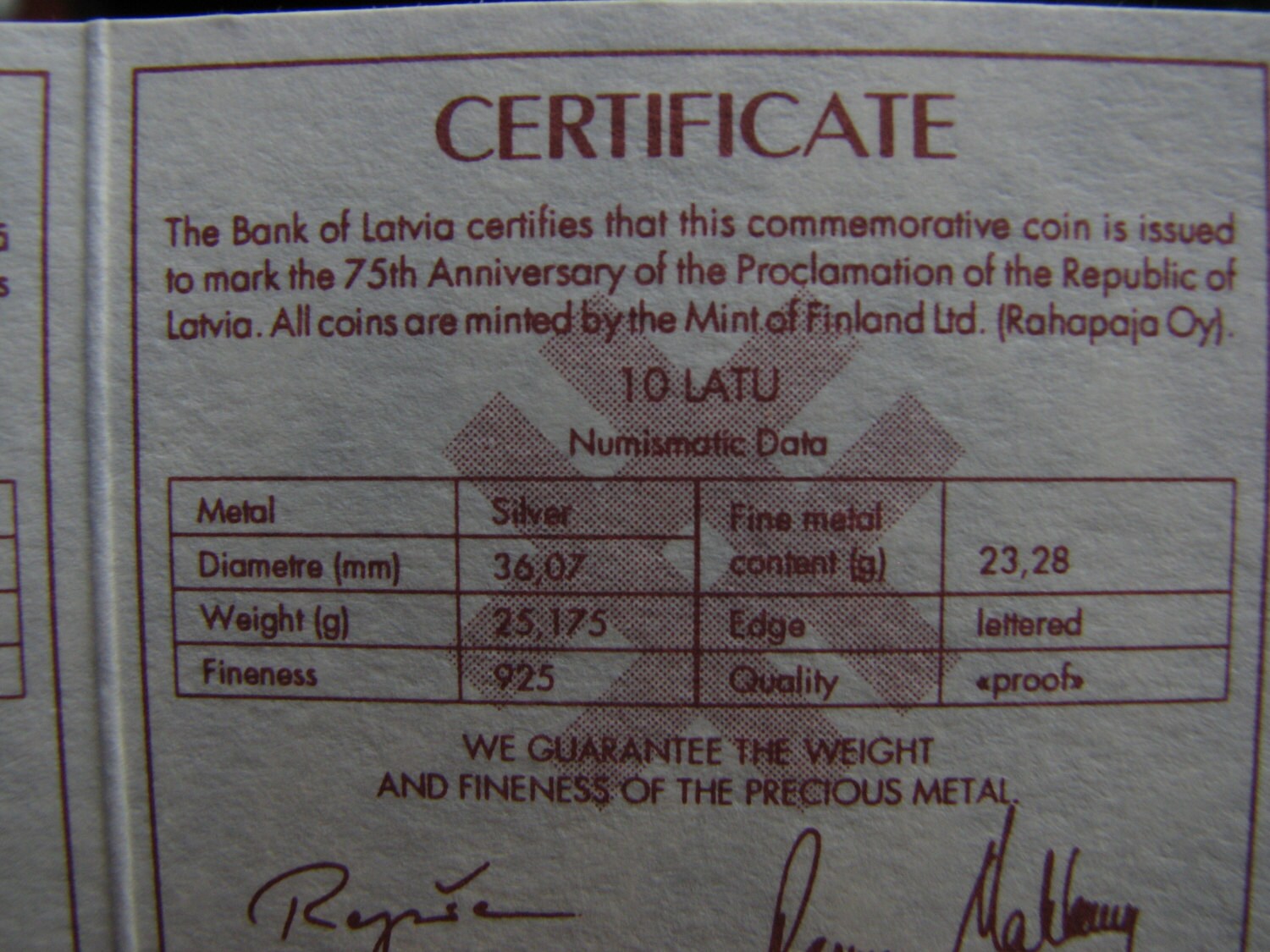 Latvia 10 Lati Silver Proof Coin - 1993 Latvia Proclamation 75 ...