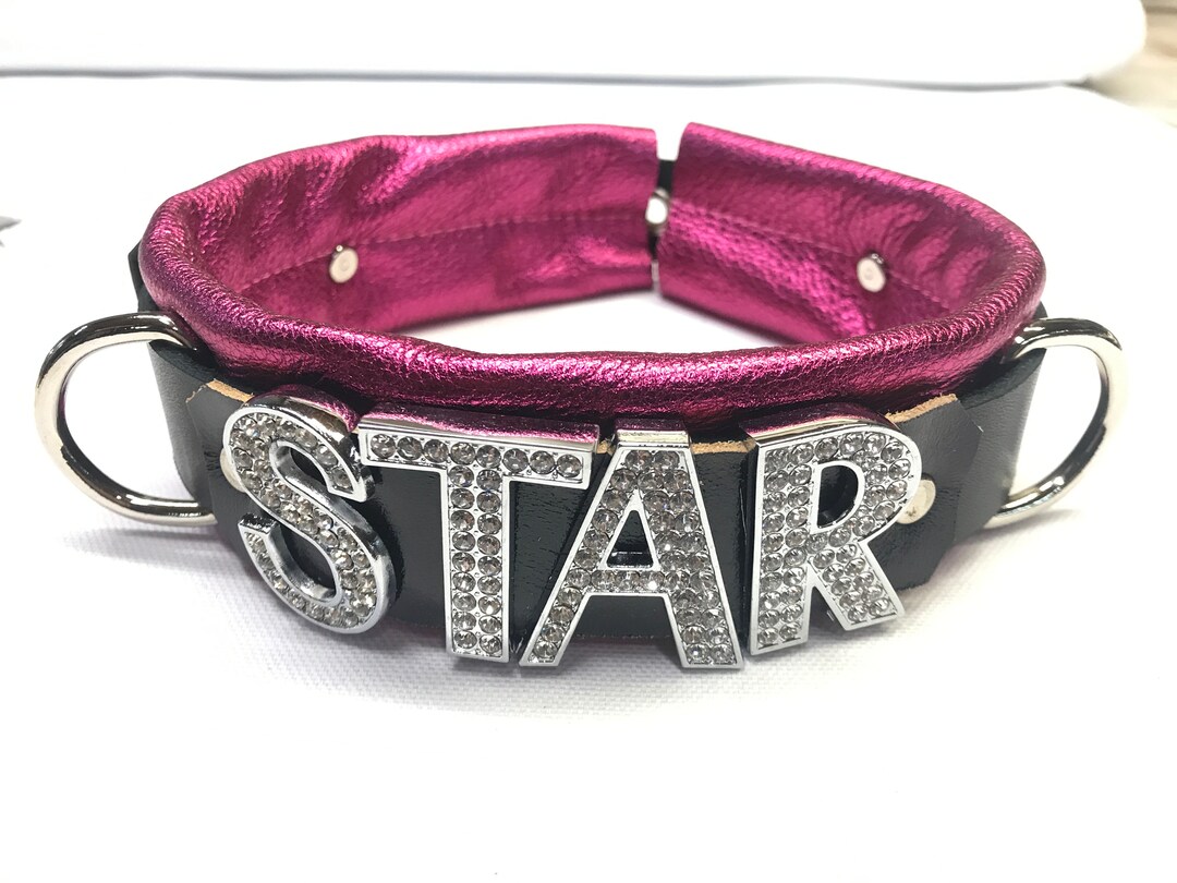 Lockable Leather Collar W/any Word HUGE Rhinestone or Chrome Letters ...