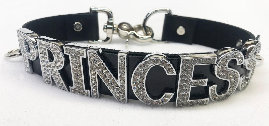 LARGE 1.25" Chrome or Crystal Letters Leather Collar Choker Choose Word ...