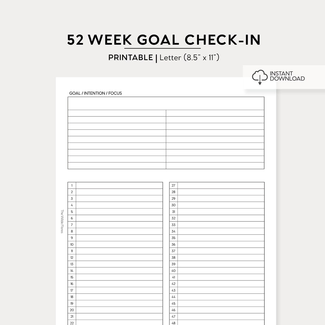 52 Week Goal Check in Printable Letter Size Printable Insert Printable ...