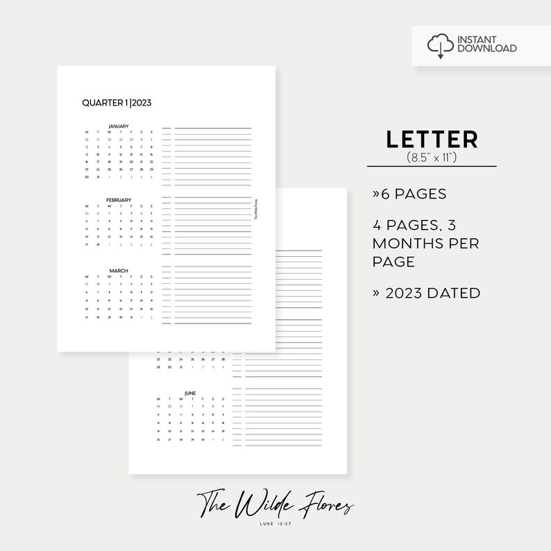 2023 Quarter Overview Printable Yearly Dated Letter Size - Etsy