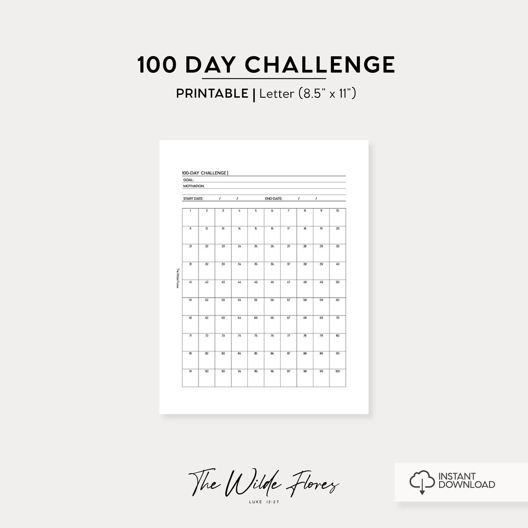 100 Day Challenge Tracker Letter Size Printable Insert Habit Tracker ...