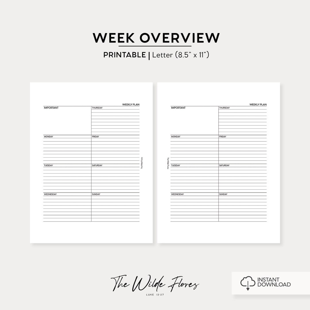 Weekly Overview LINED Planner Printable Undated Letter Size Printable ...